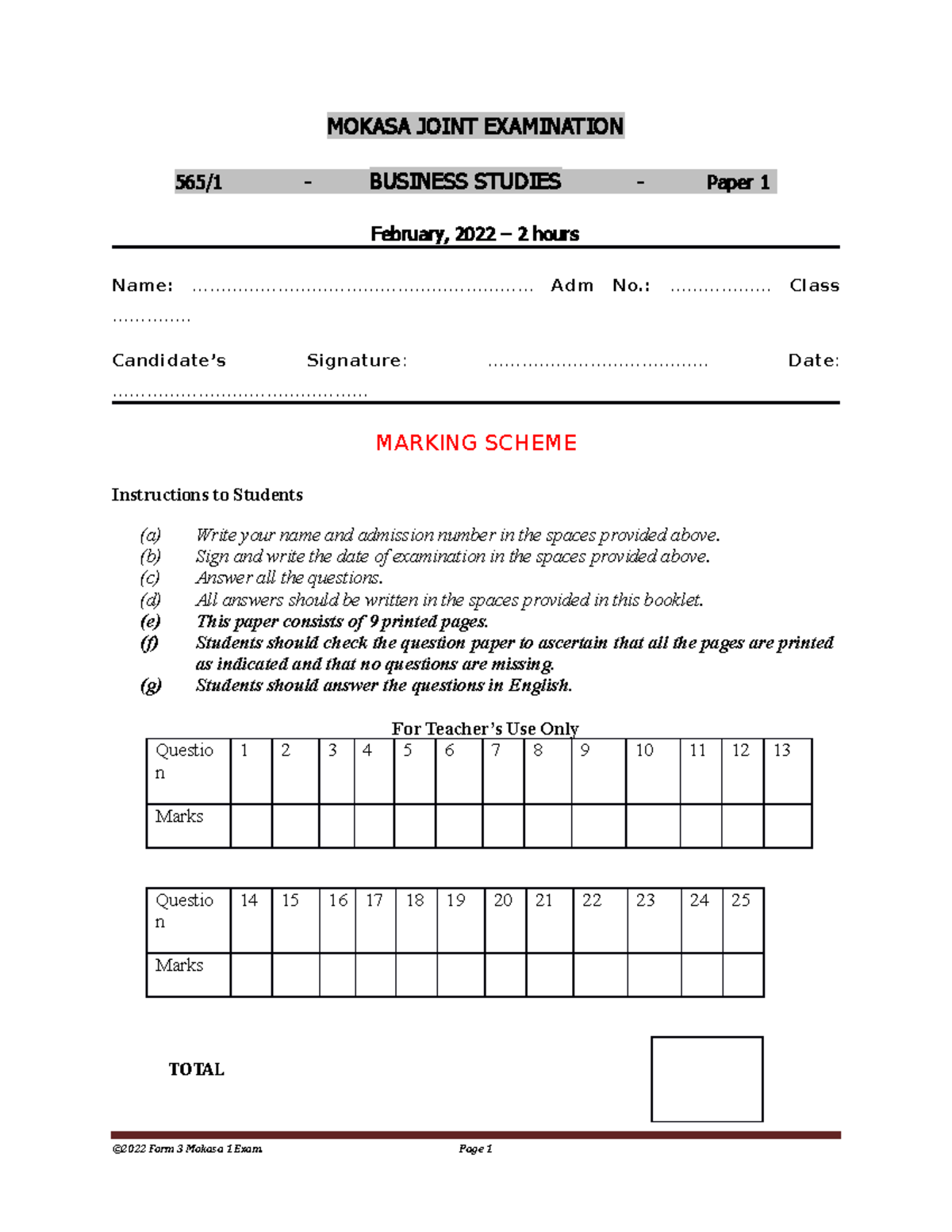 Business paper 1 ms - Well done - MOKASA JOINT EXAMINATION 565 /1 ...