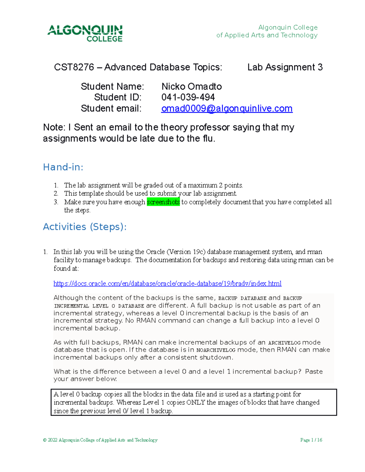 Lab3 Nicko Omadto - This is lab 3 for the course advanced database topics with complete steps to ...