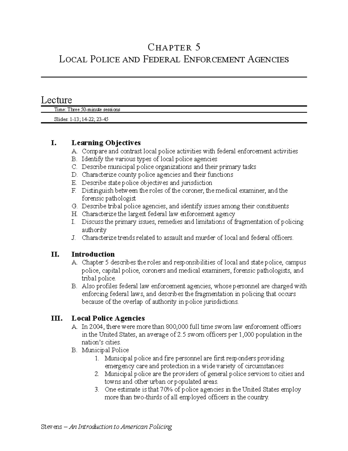 Chapter 5 Outline/Local and Federal Enforcement Agencies - CHAPTER 5 ...
