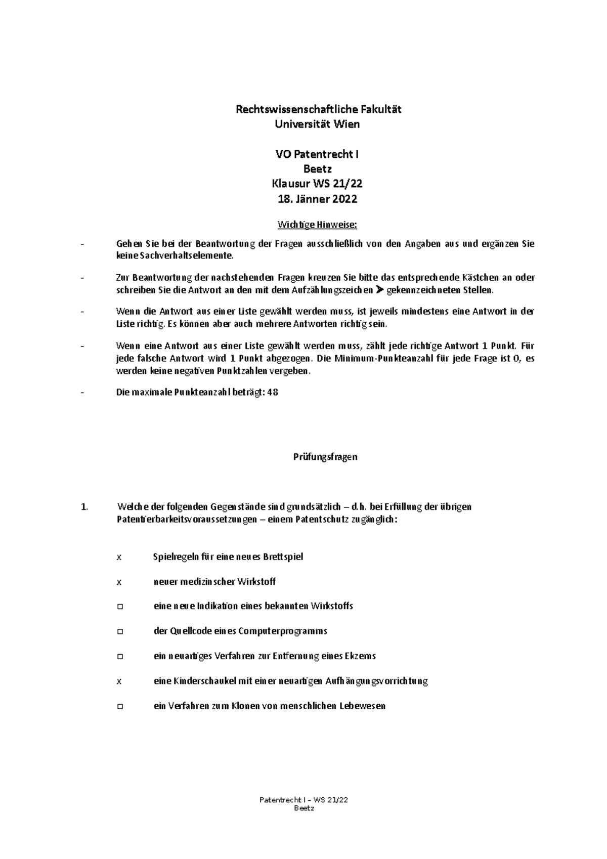 Klausur VO Patentrecht I - Patentrecht I – WS 21 ...