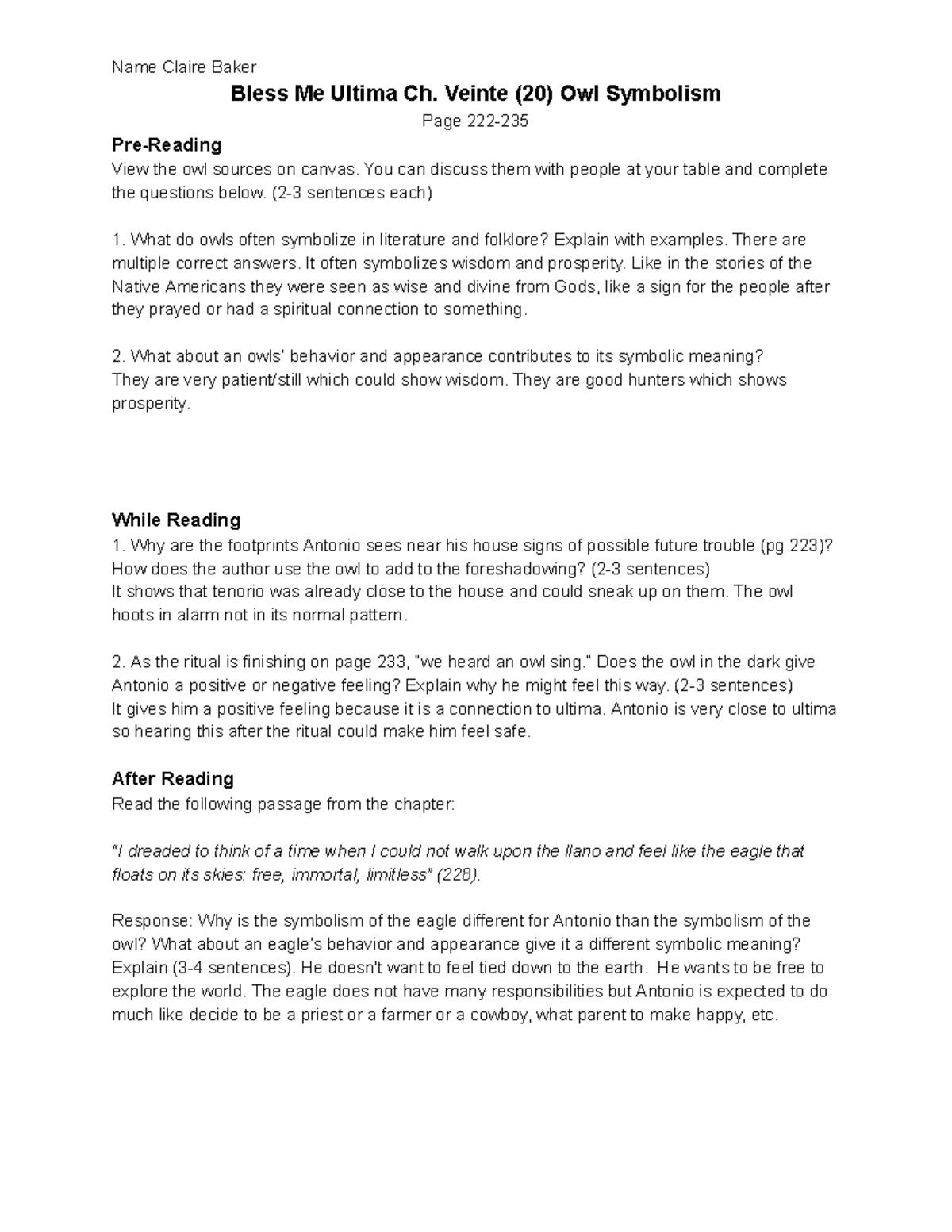 Copy of Bless Me Ultima Ch. 20 Reading Guide - Name Claire Baker Bless ...