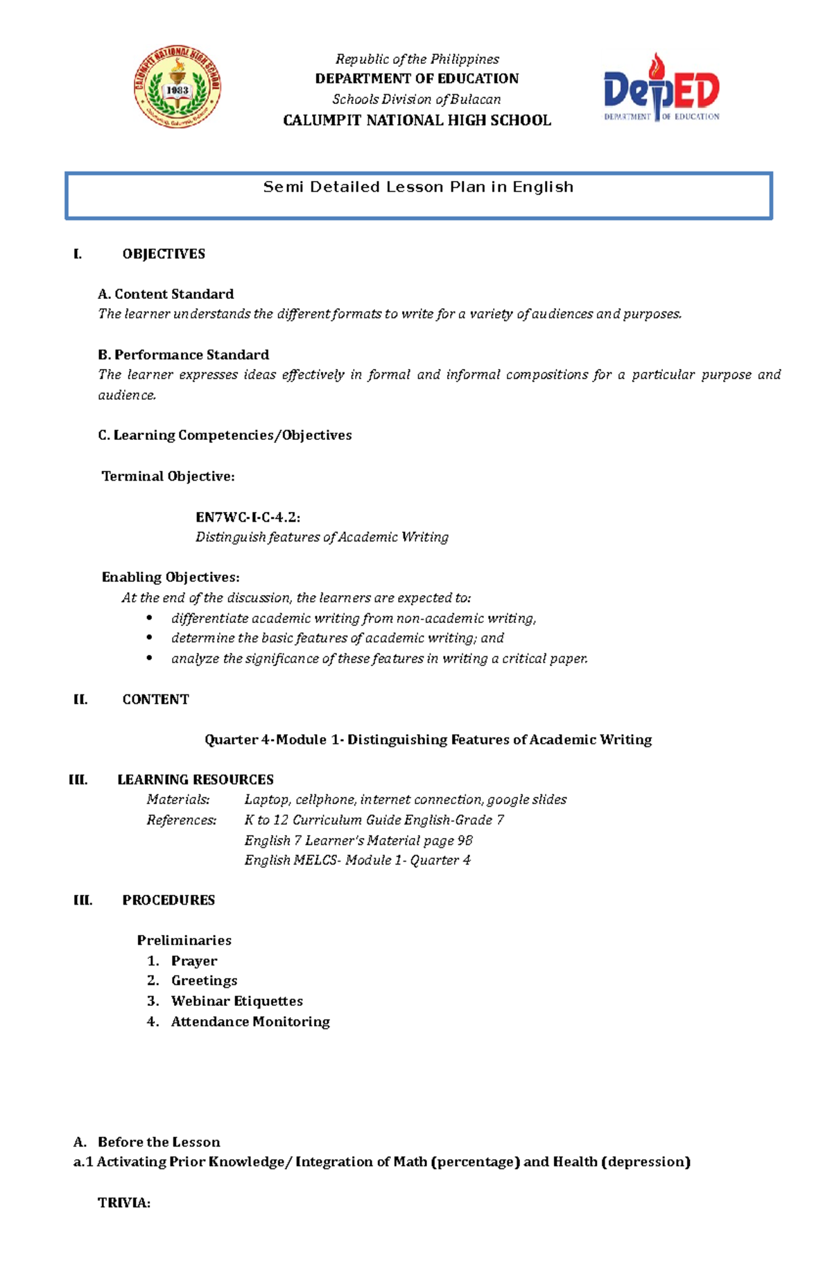 Department of Education-Lesson Plan on Academic and Non-Academic ...