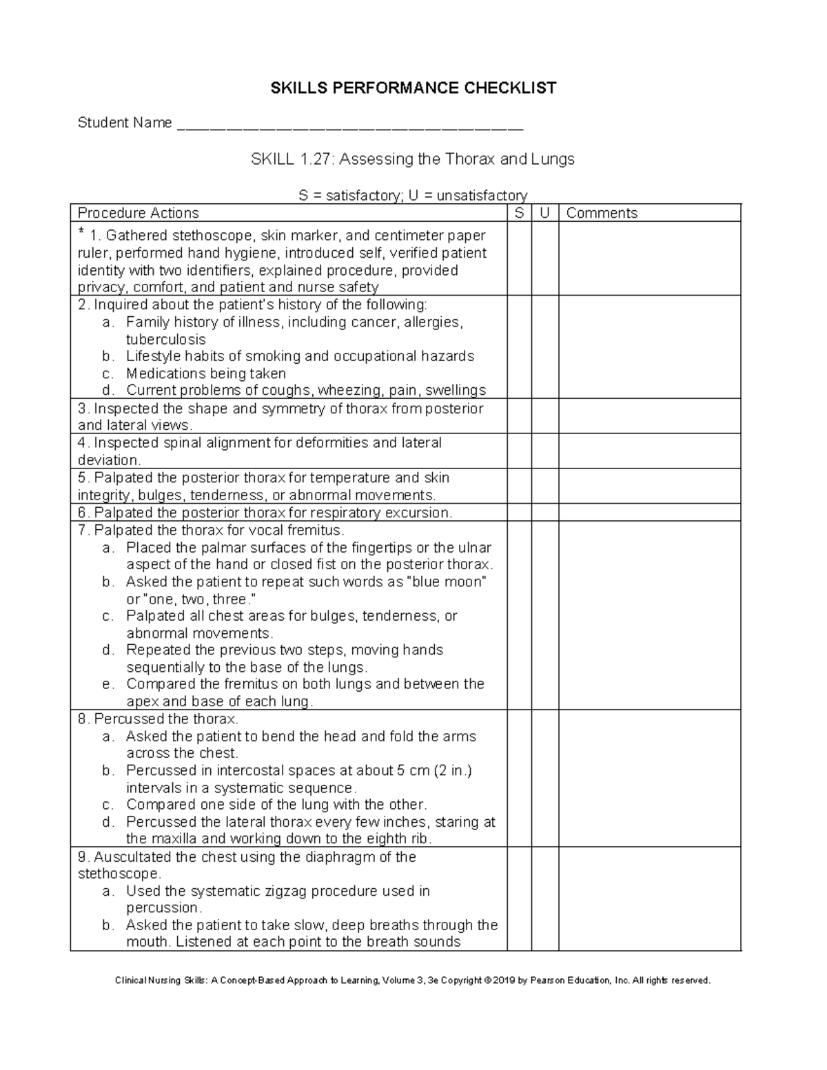 Skill 1 - clinical lab details - SKILLS PERFORMANCE CHECKLIST Student ...