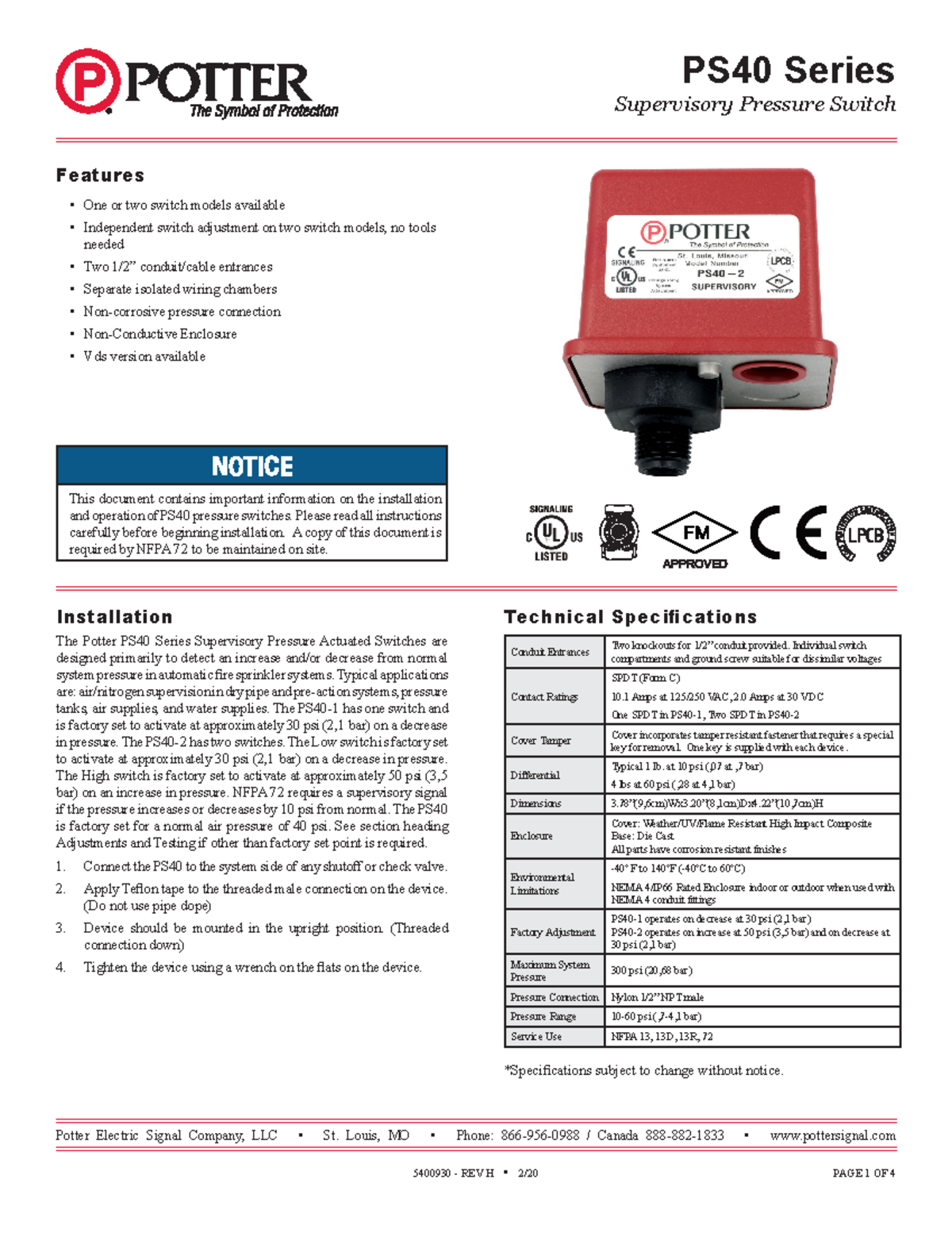 Datasheet Pressure switch (Pressure alarm switch) Potter PS40 ...