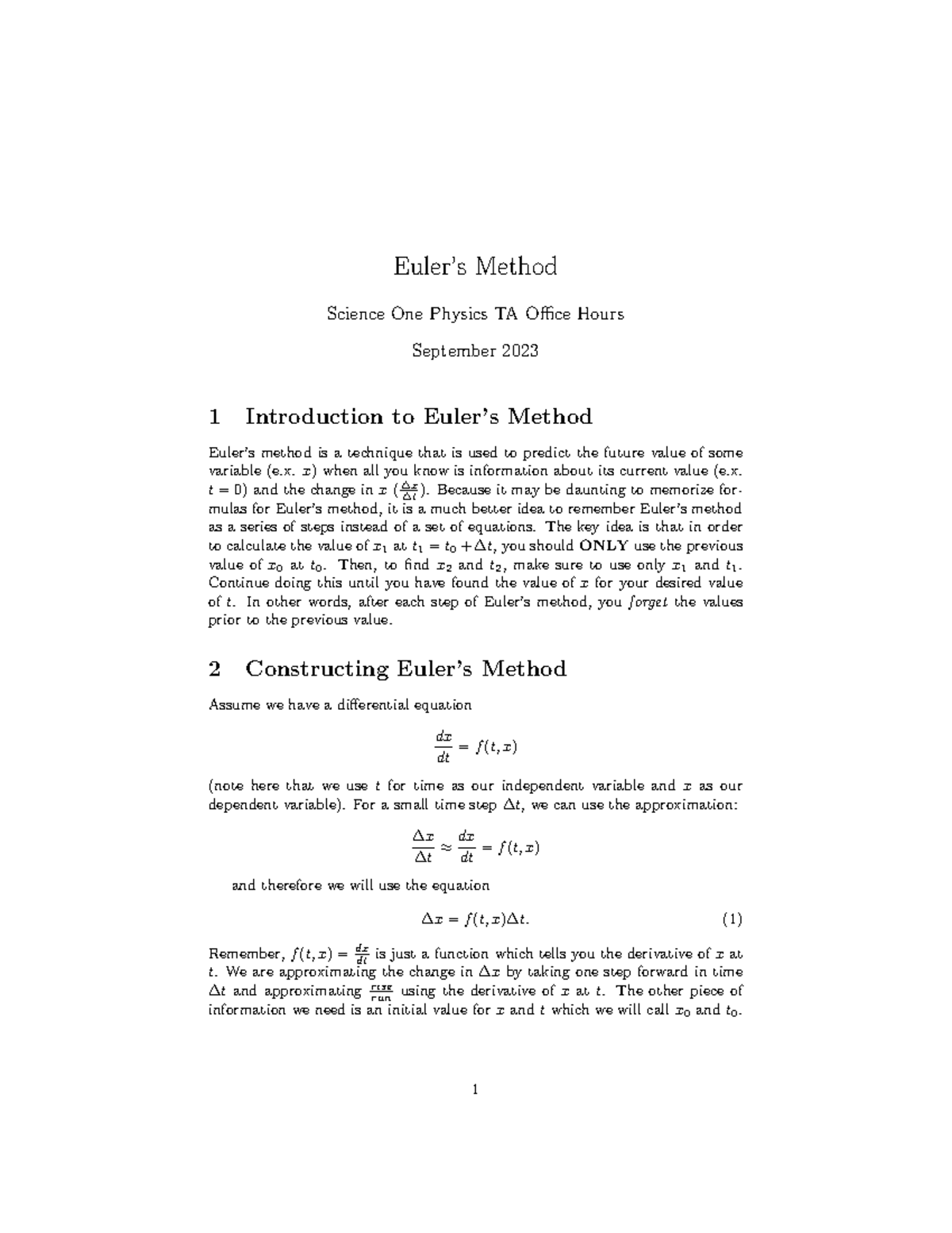 Euler s Method in Physics - Euler’s Method Science One Physics TA Office Hours September 2023 1 ...