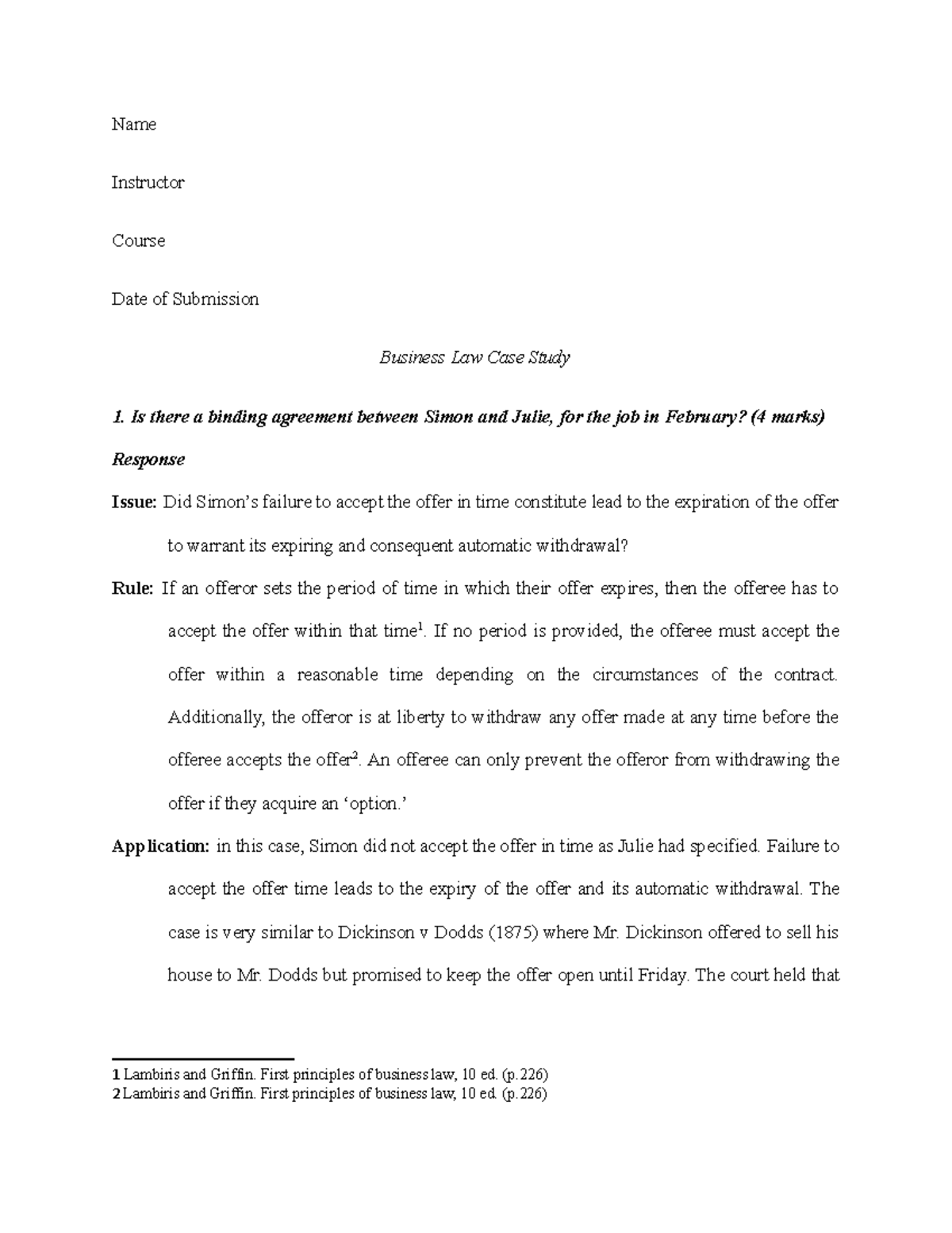 Business Law Case Study Name Instructor Course Date Of Submission