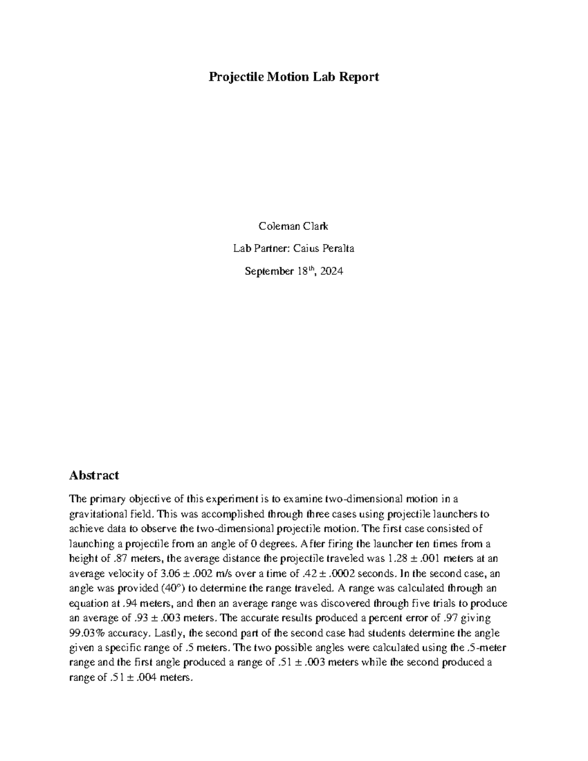 Projectile Motion Lab Report - Projectile Motion Lab Report Coleman ...