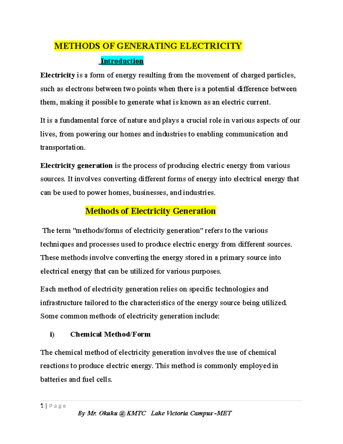Methods OF Generating E Lectricity - METHODS OF GENERATING ELECTRICITY ...