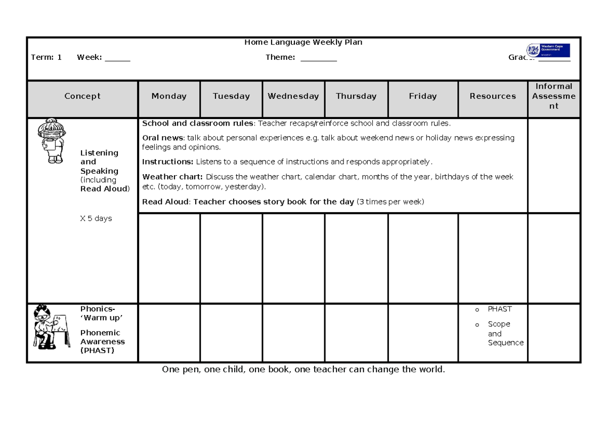English Weekly Plan blank - Grade 1 - Home Language Weekly Plan Term: 1 ...