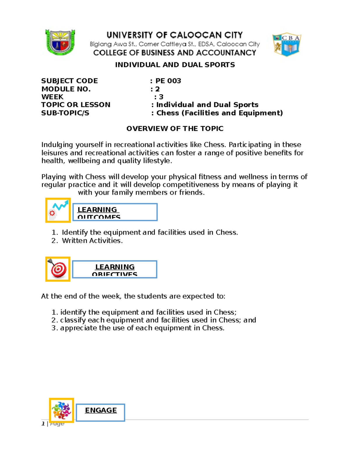 PE003 Module 2 Unit 2 Chess Facilities and Equipment 1 - INDIVIDUAL AND ...