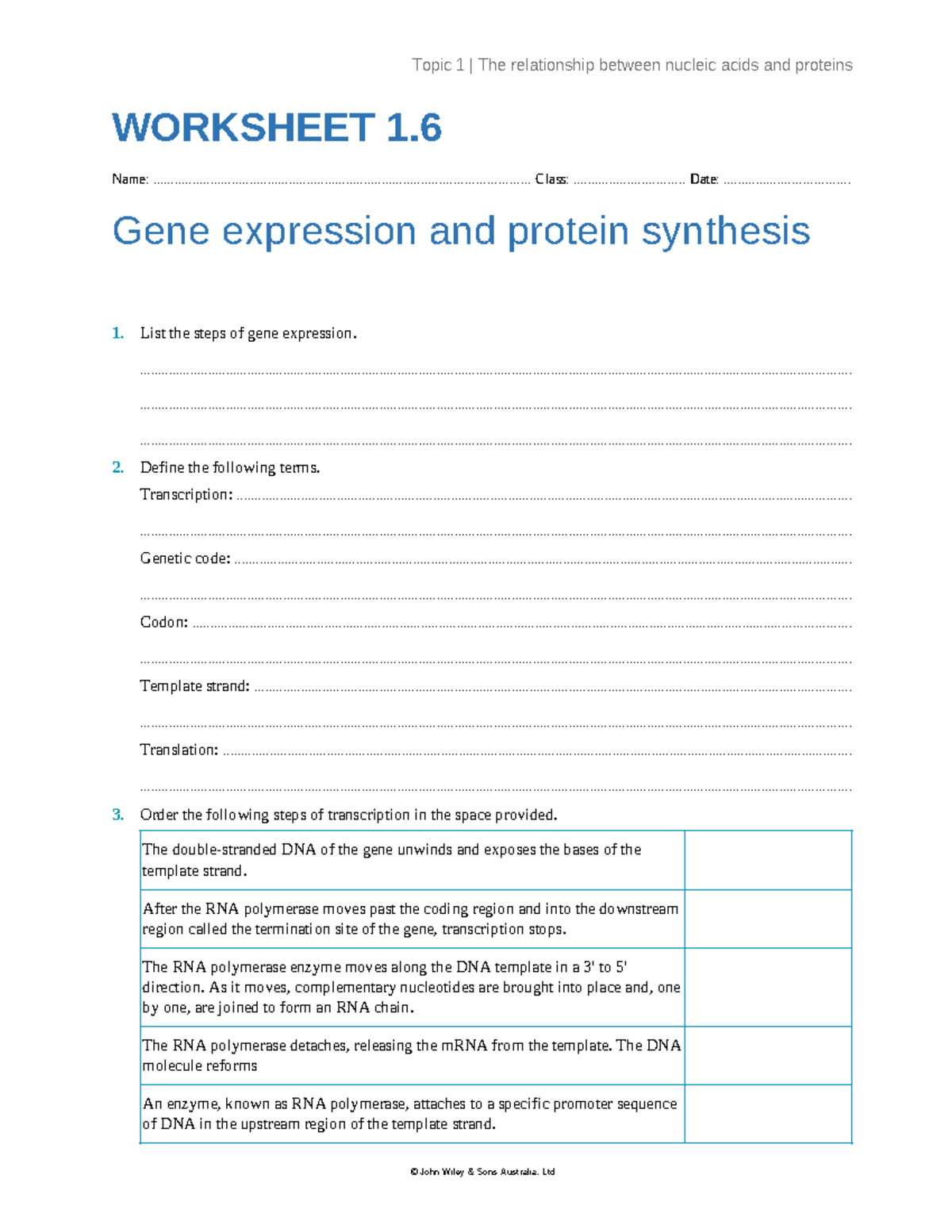 Gene expression and protein synthesis worksheet - WORKSHEET 1. Name ...