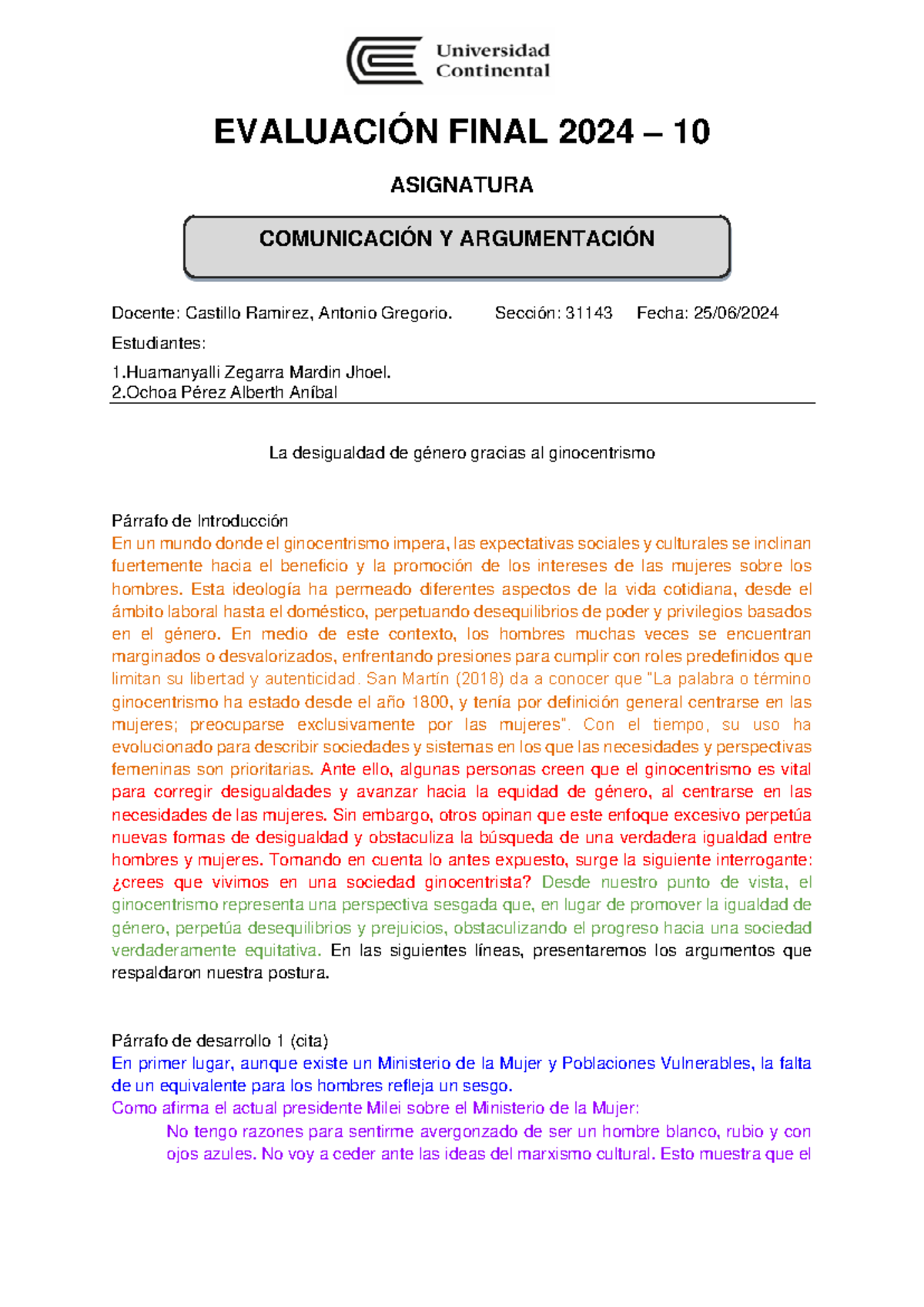 Examen final - EVALUACIÓN FINAL 2024 – 10 ASIGNATURA Docente: Castillo Ramirez, Antonio Gregorio ...
