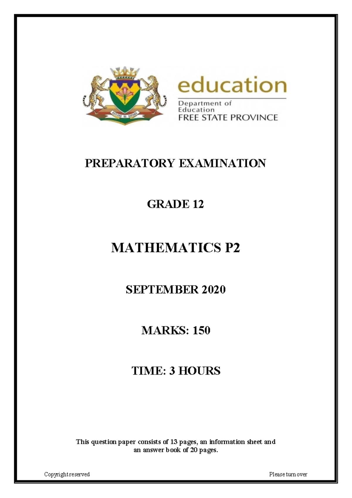 2020 Grade 12 MATH Trial EXAM Paper 2 FS - PREPARATORY EXAMINATION ...