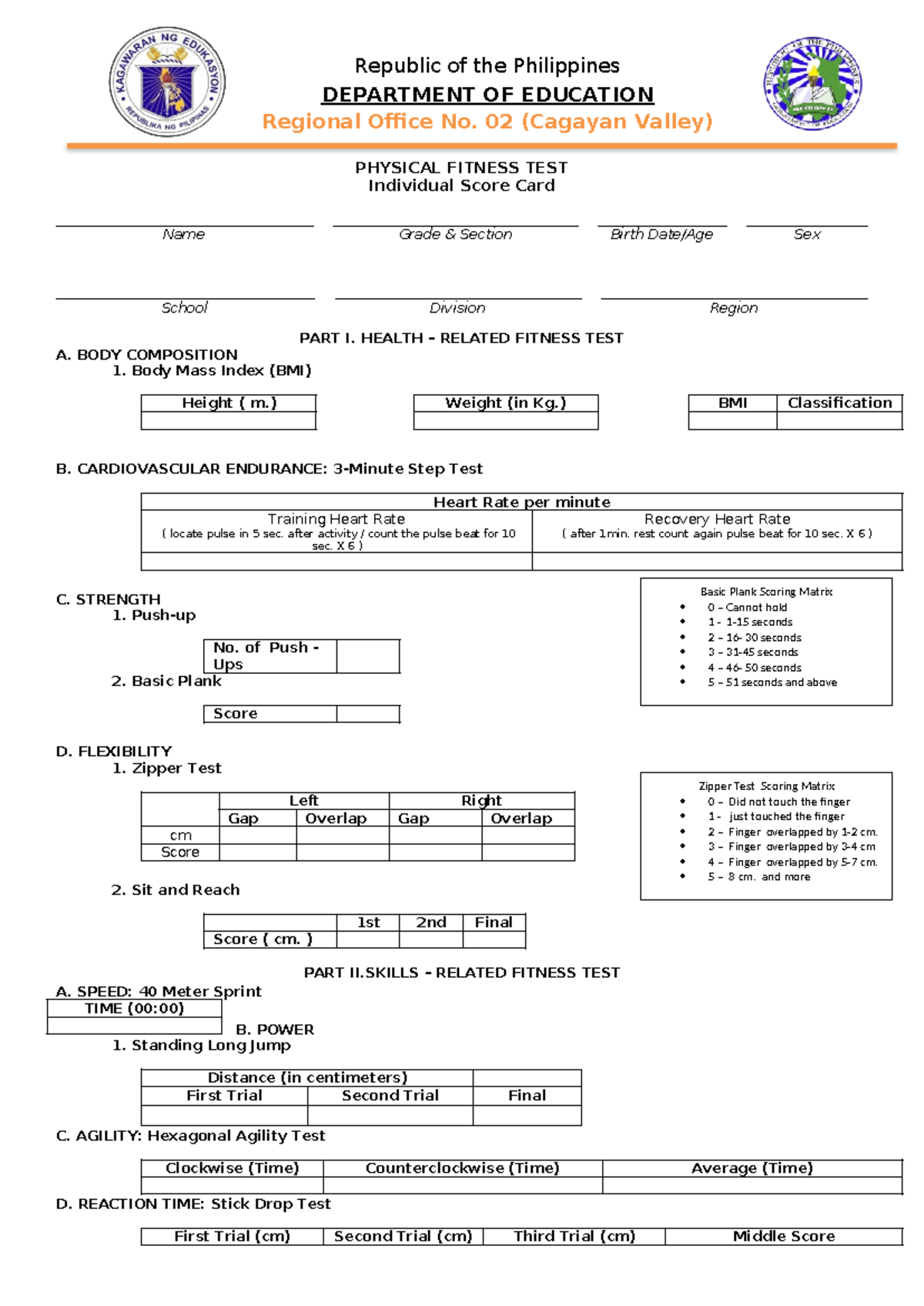 Physical Fitness Test Individual Score Card - Republic of the ...