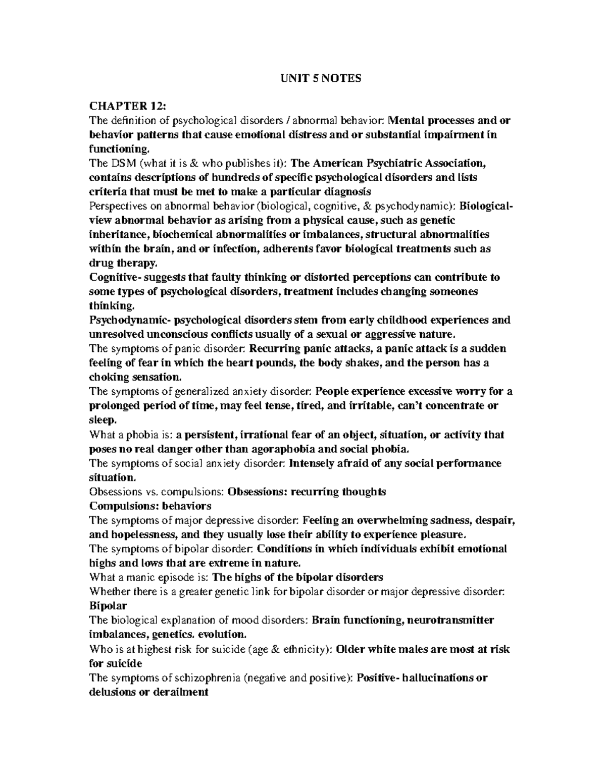 Psychology unit 5 notes - UNIT 5 NOTES CHAPTER 12: The definition of ...