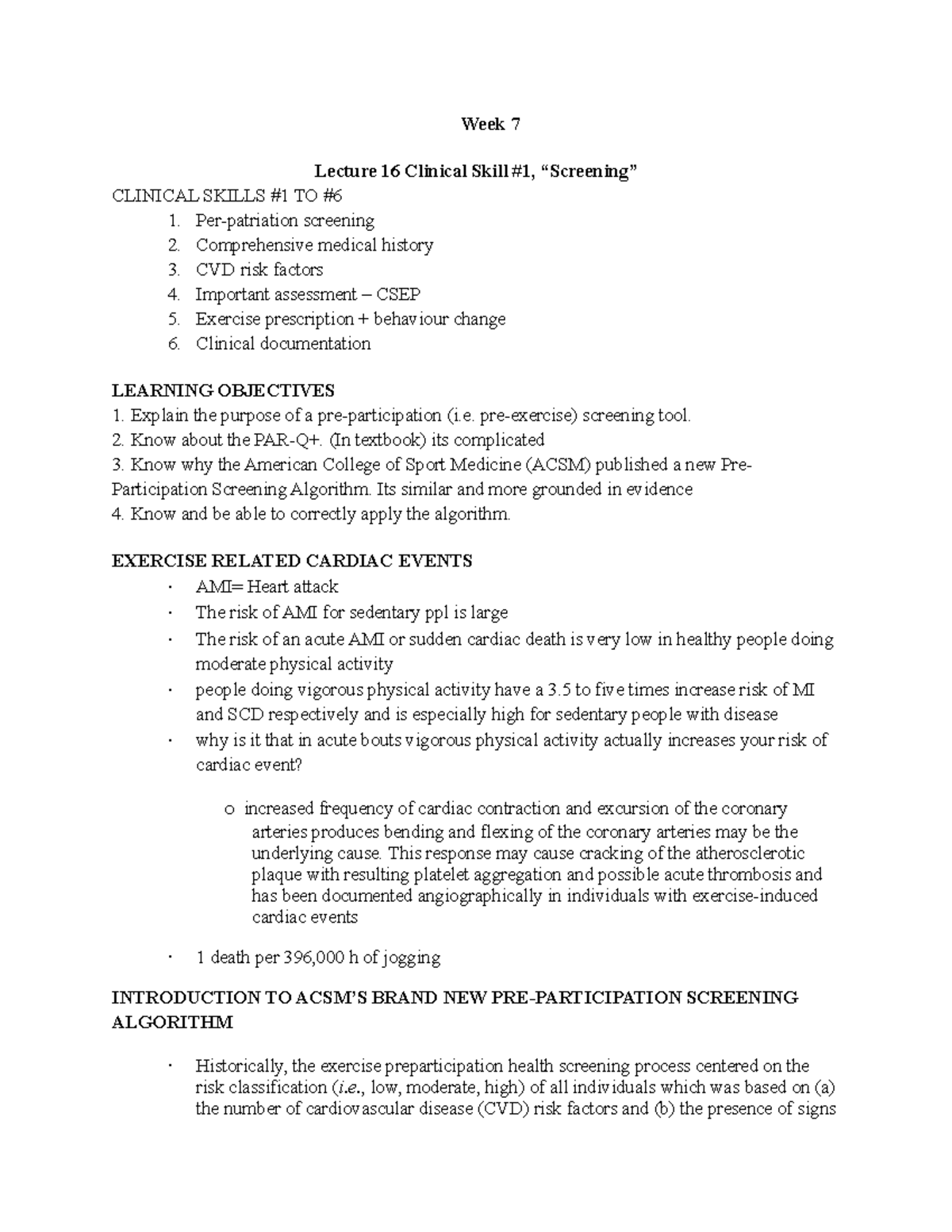 Week+7 - class notes - Week 7 Lecture 16 Clinical Skill #1, “Screening ...