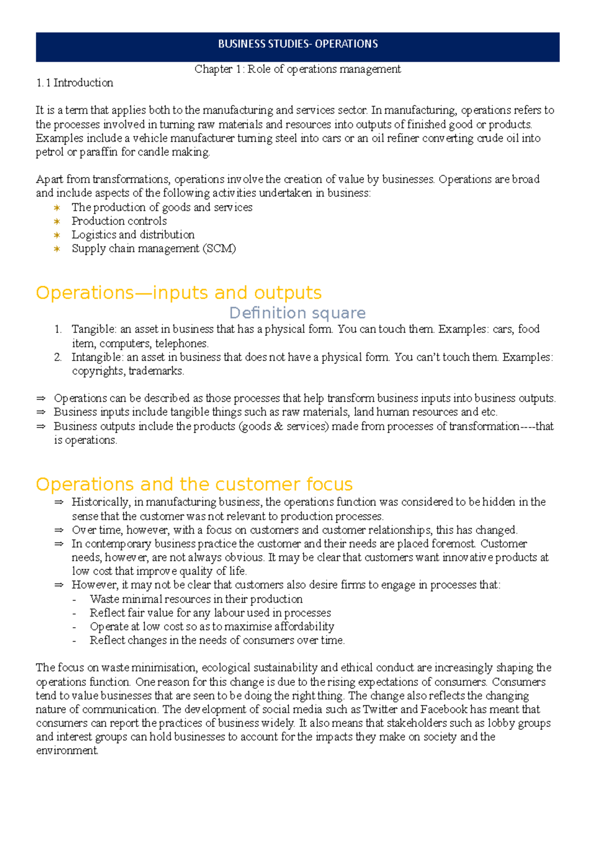 BS- Operations Revision Notes - Chapter 1: Role of operations ...