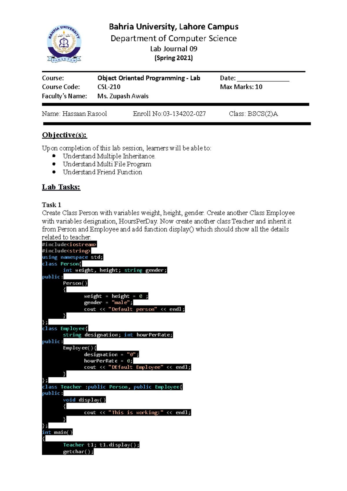 Lab-Journal-09-OOP-26052021-114118 pm - Bahria University, Lahore ...