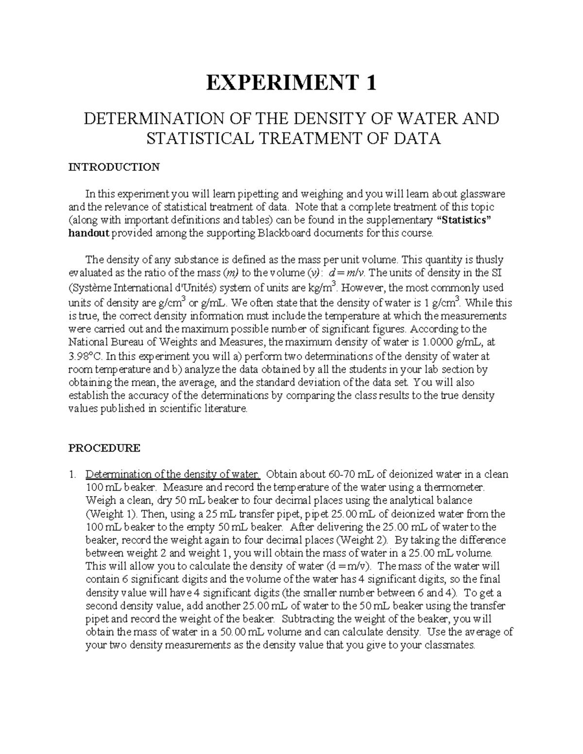 Experiment 1 CHEM 207 - This was the first lab of the semester we did ...