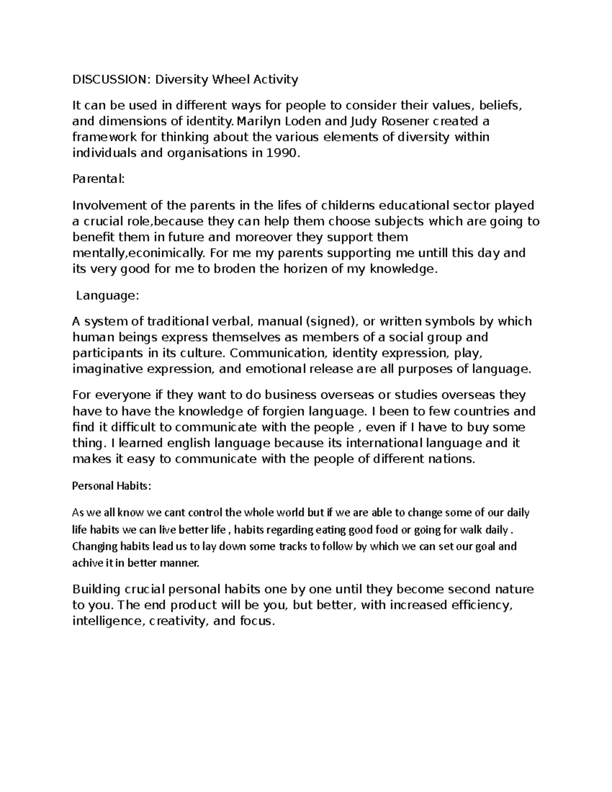 Diversity discussion - DISCUSSION: Diversity Wheel Activity It can be ...