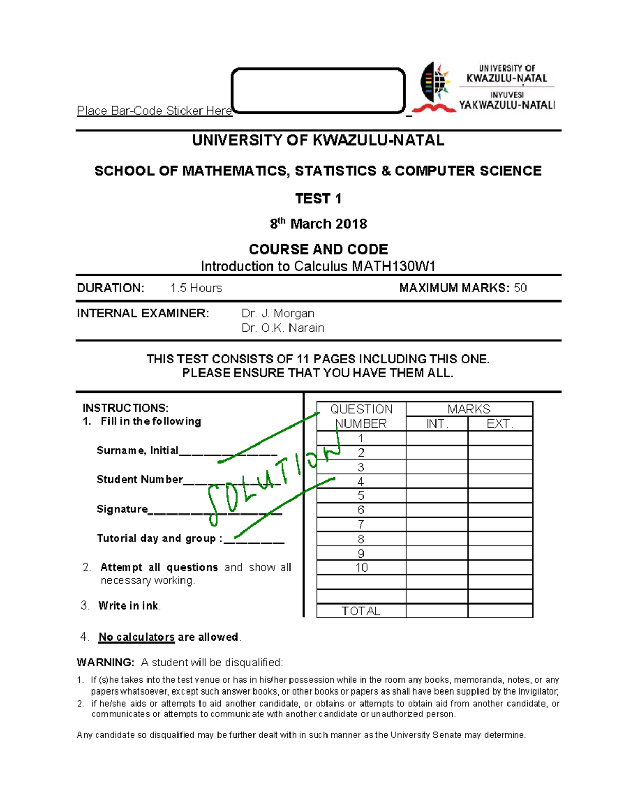 Math130W1 2018 Test 1 - Past paper - - Studocu