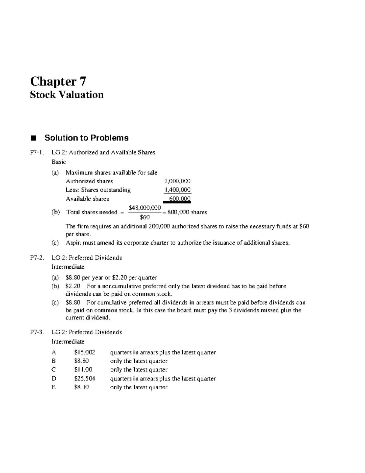 Chapter 7 - Chapter 7 Stock Valuation Solution to Problems P7-1. LG 2 ...