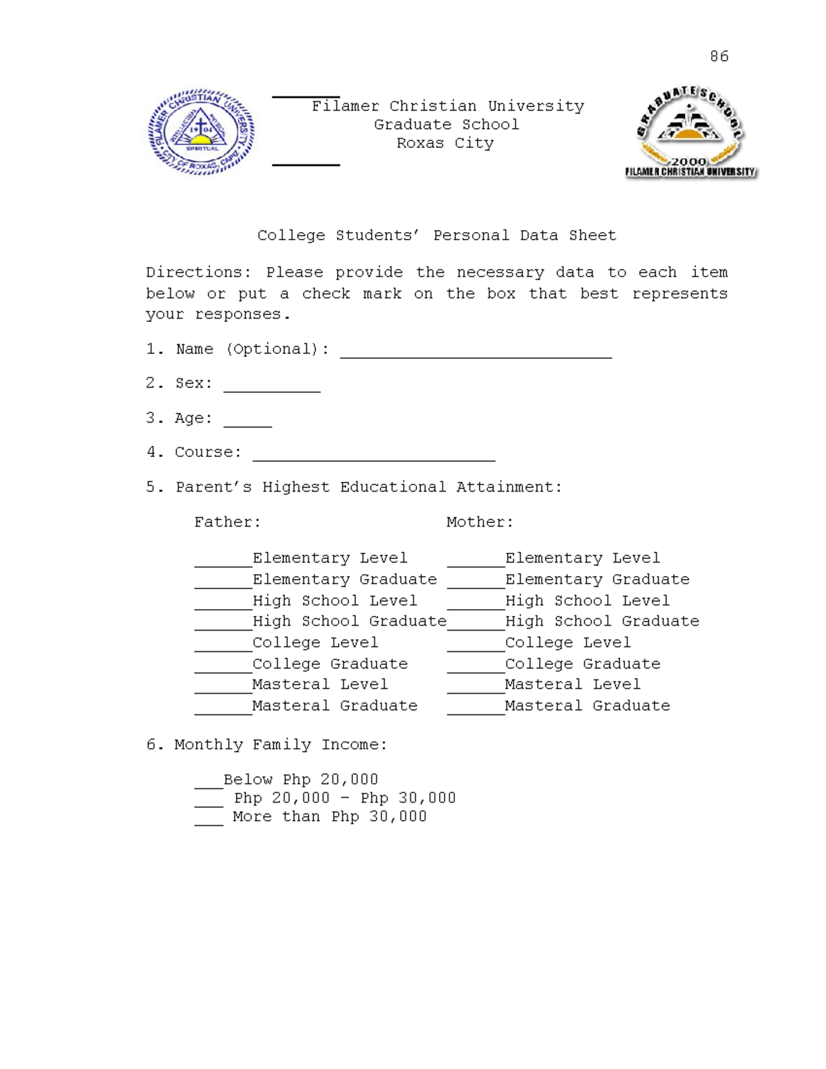 9. Research Questionnaire - Filamer Christian University Graduate ...