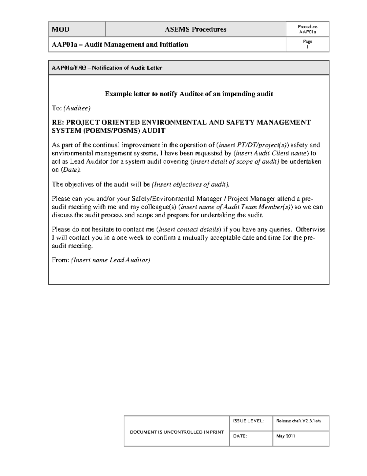 Aap01a-f-03 Notification of Audit Letter - MOD ASEMS Procedures ...