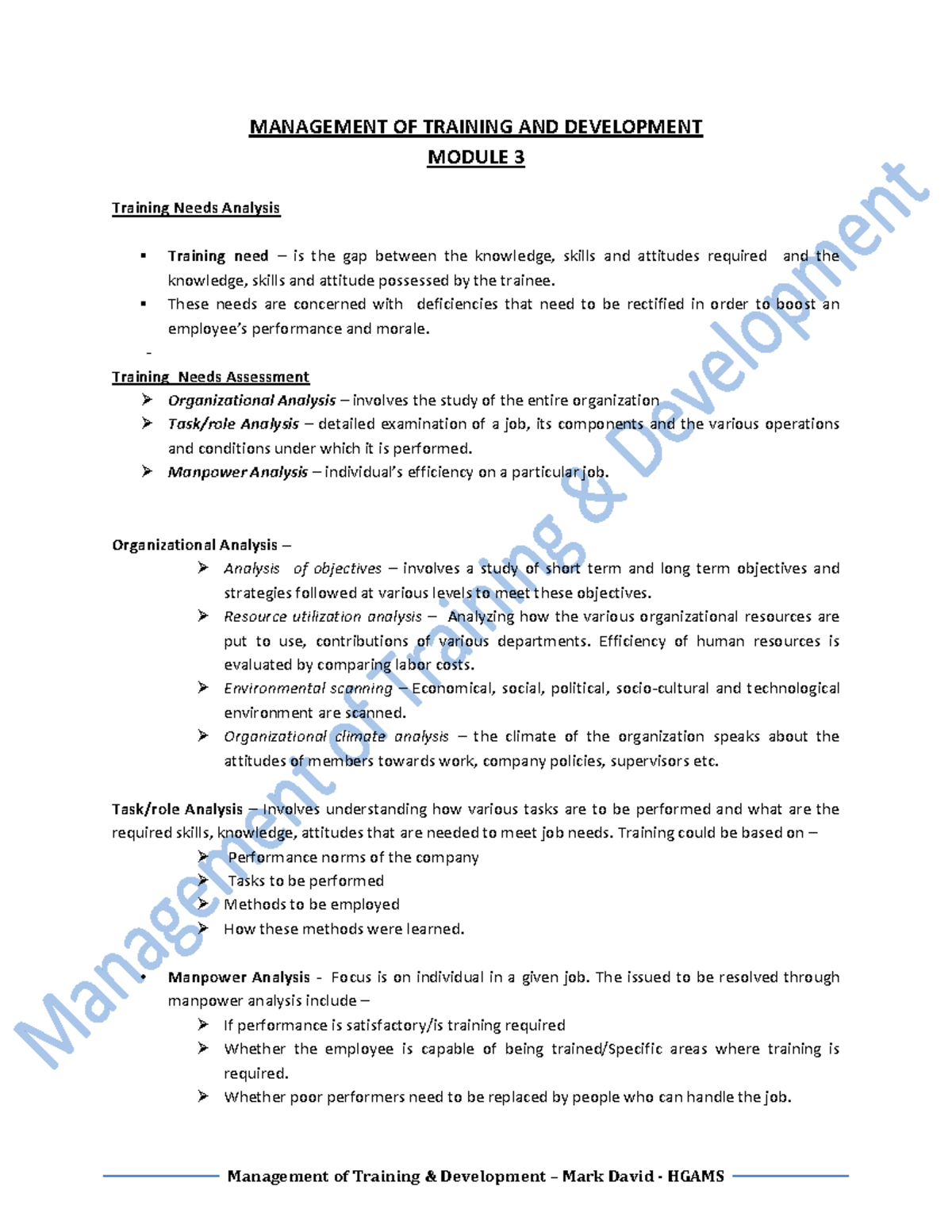 T&D - Short notes (Other modules) - MANAGEMENT OF TRAINING AND ...
