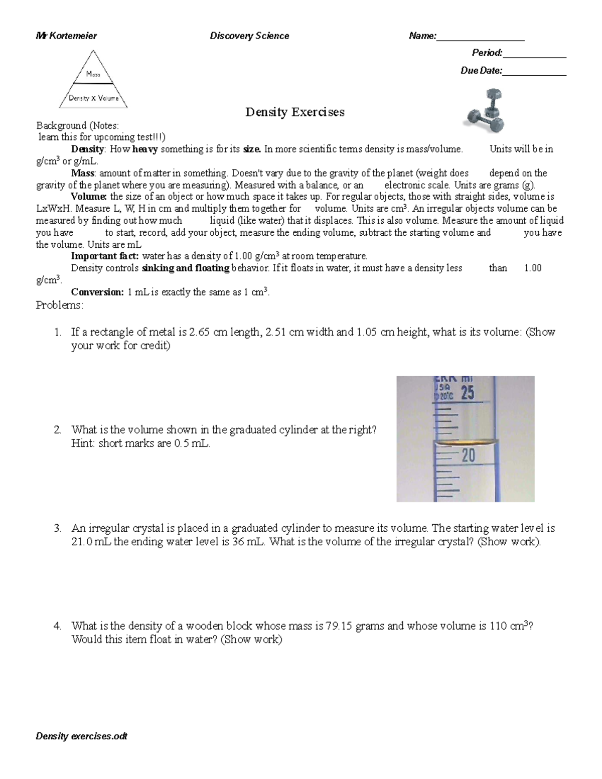 Density exercises - physucs - Mr Kortemeier Discovery Science Name ...
