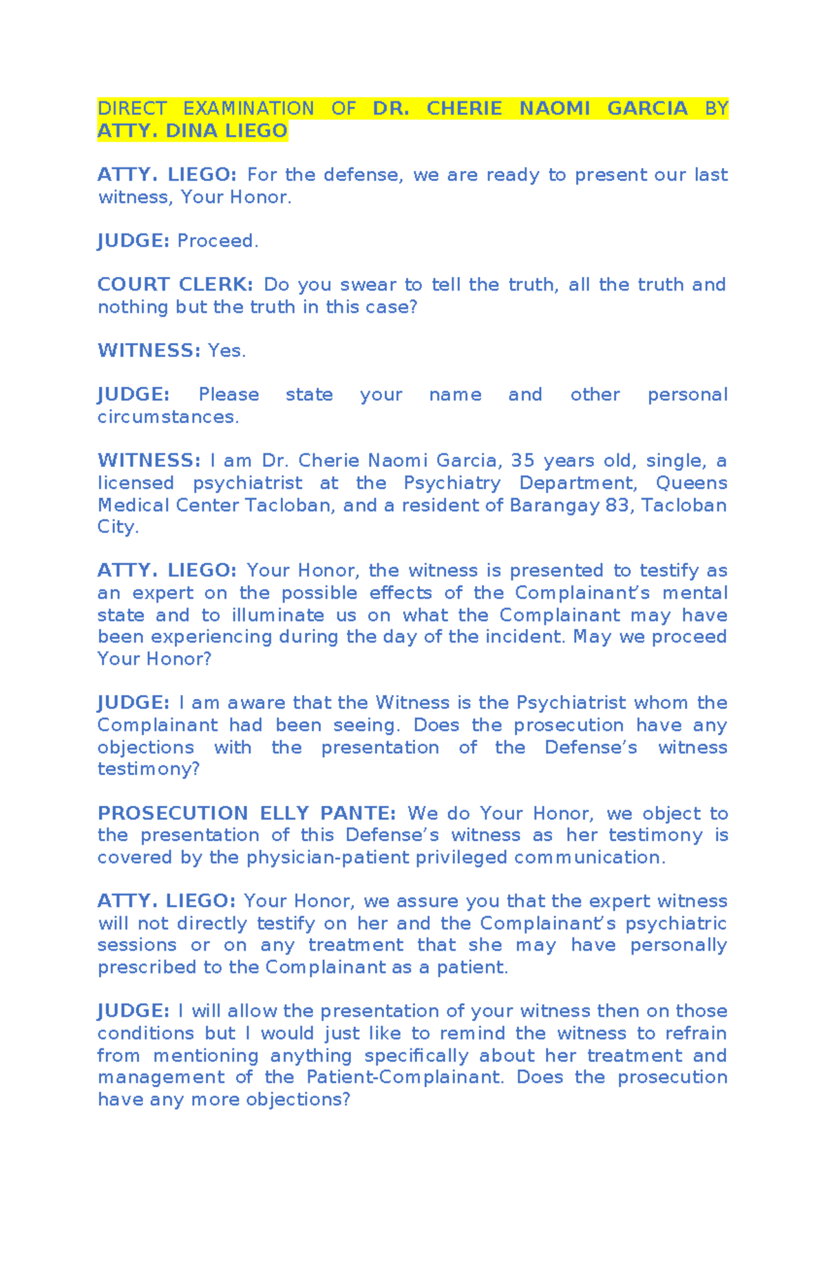 Cherie - Medical Jurisprudence Script - DIRECT EXAMINATION OF DR ...