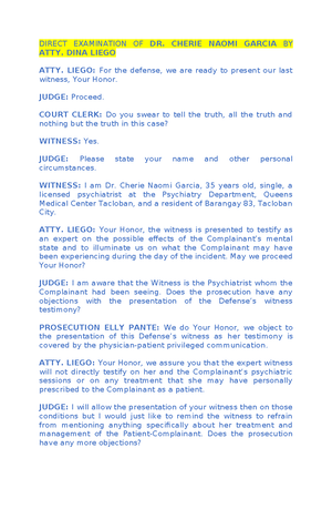 Salome - Script for Medical Jurisprudence - DEFENSE DIRECT EXAMINATION ...
