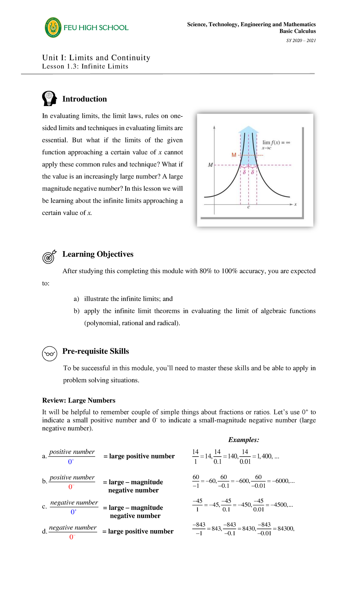 Study Guide 1.3 - Infinite Limits - Basic Calculus SY 2020 – 2021 Unit ...