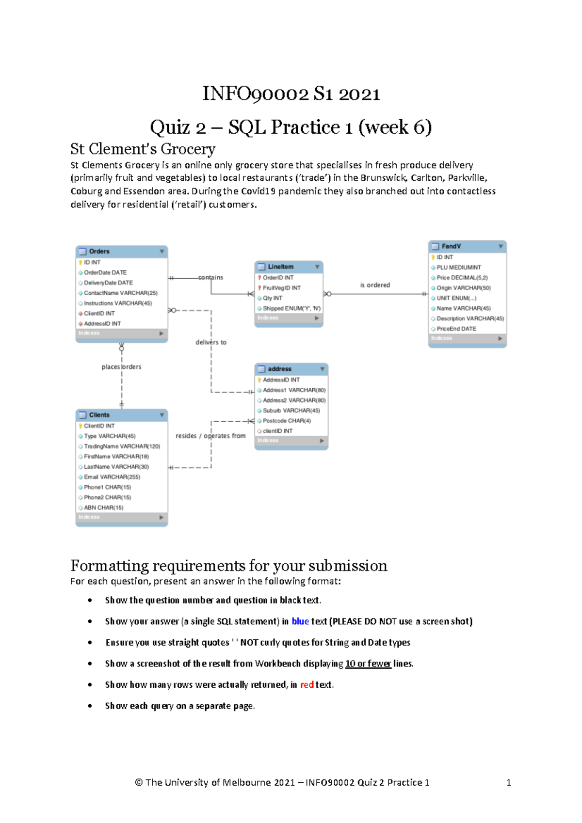 INFO90002 Quiz 2 Practice 1 - INFO90002 S1 2021 Quiz 2 – SQL Practice 1 ...
