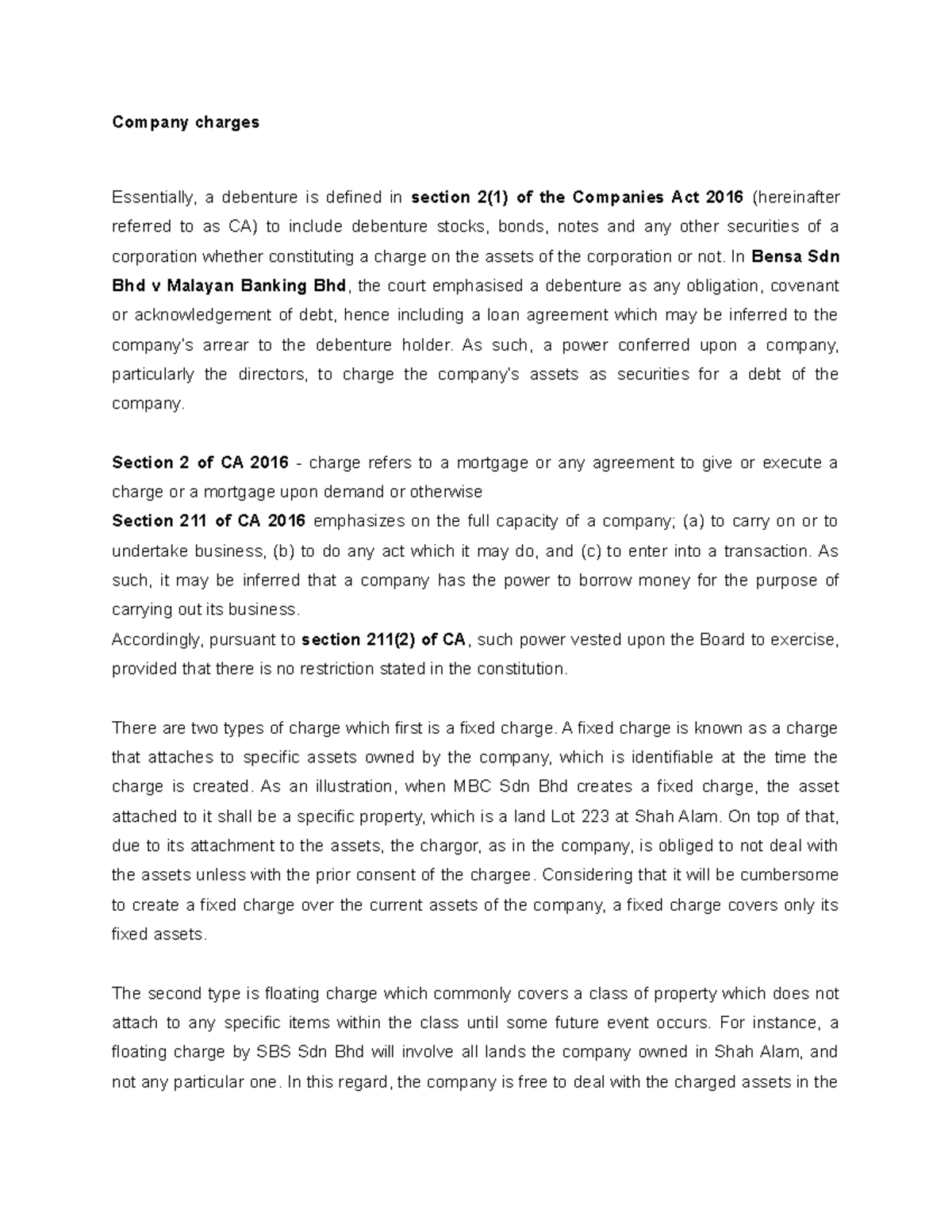 Asso notes - company charges - Company charges Essentially, a debenture ...
