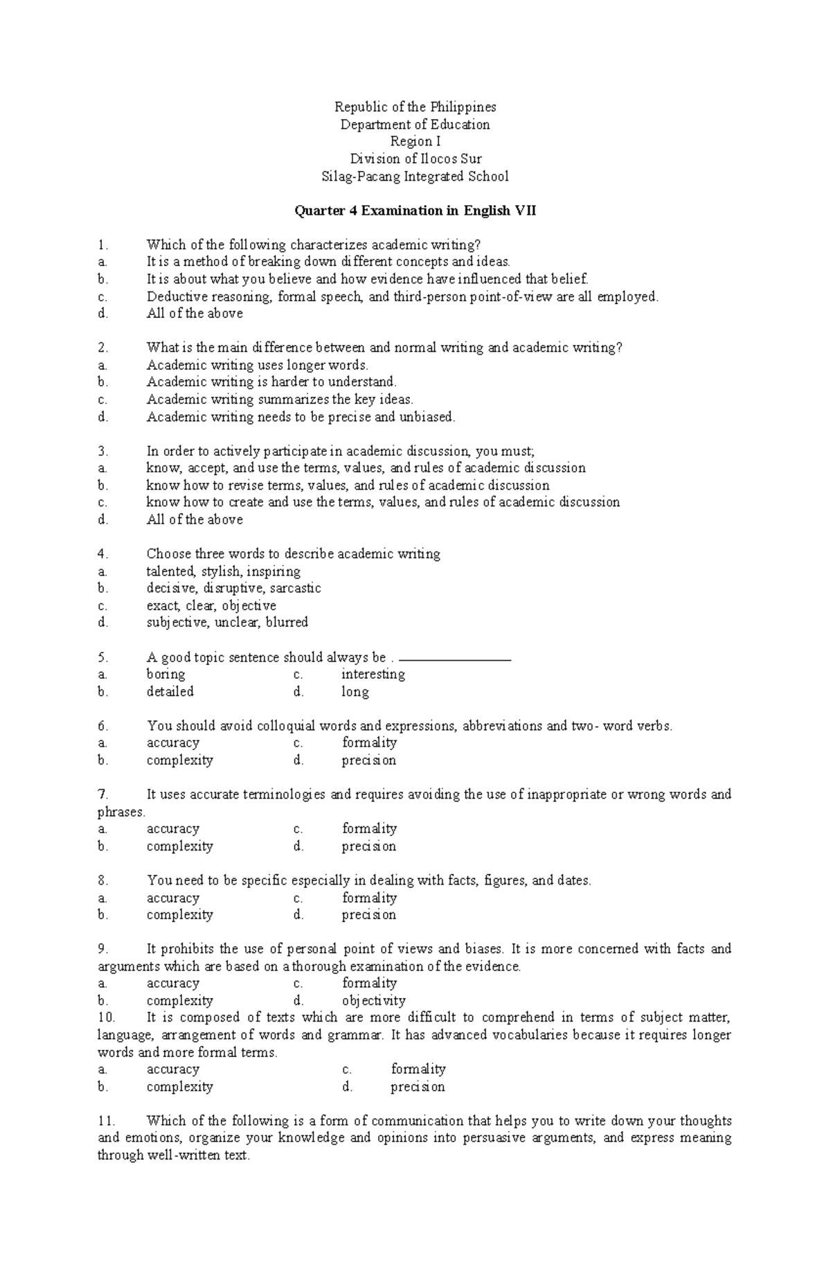 Q4 ENG7 PT - PERIODICAL TEST - Republic of the Philippines Department ...