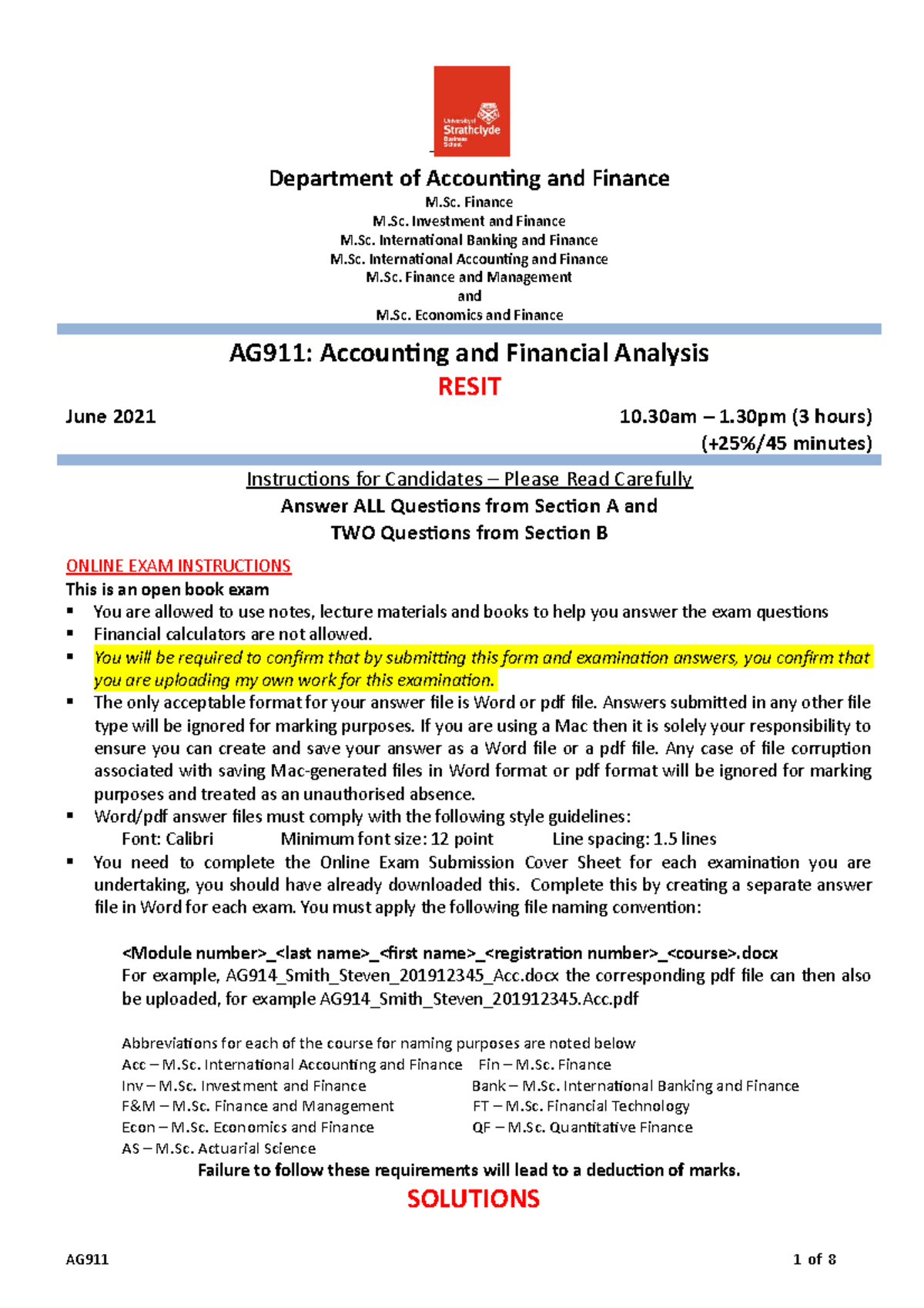 AFA June 21 resit solutions - Department of Accounting and Finance M ...