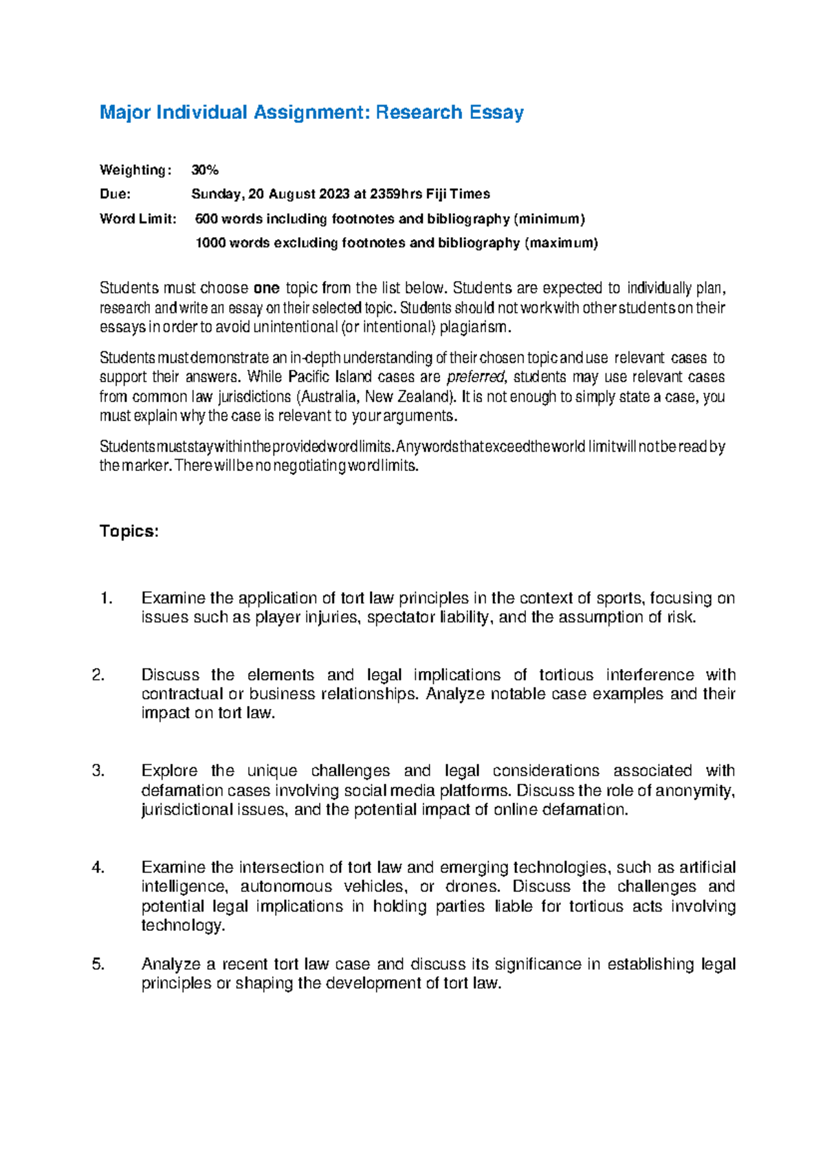 LW204 2023 - Individual Research Essay Instruction - Major Individual ...