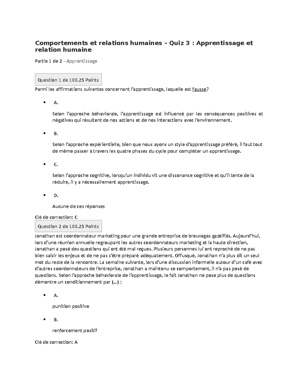 Comportements et relations humaines - Quiz 3 corrigé - Comportements et ...