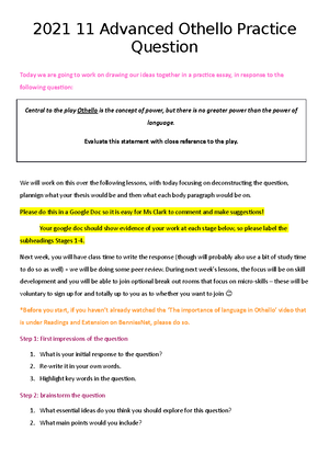 Practice questions Othello - Essay Questions – Year 11 - Othello 1 ...