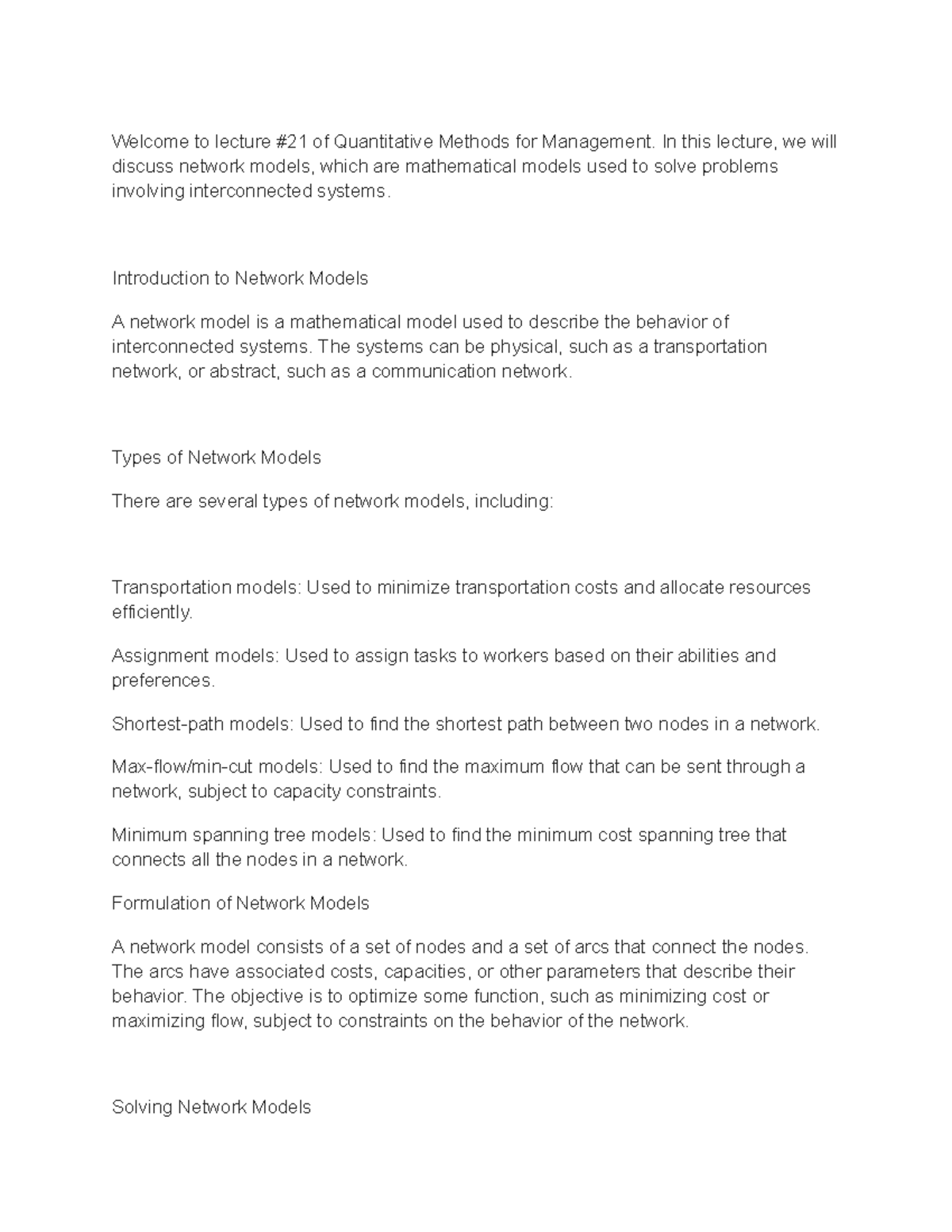 Lecture #21 Network Models - Welcome to lecture #21 of Quantitative Methods for Management. In ...