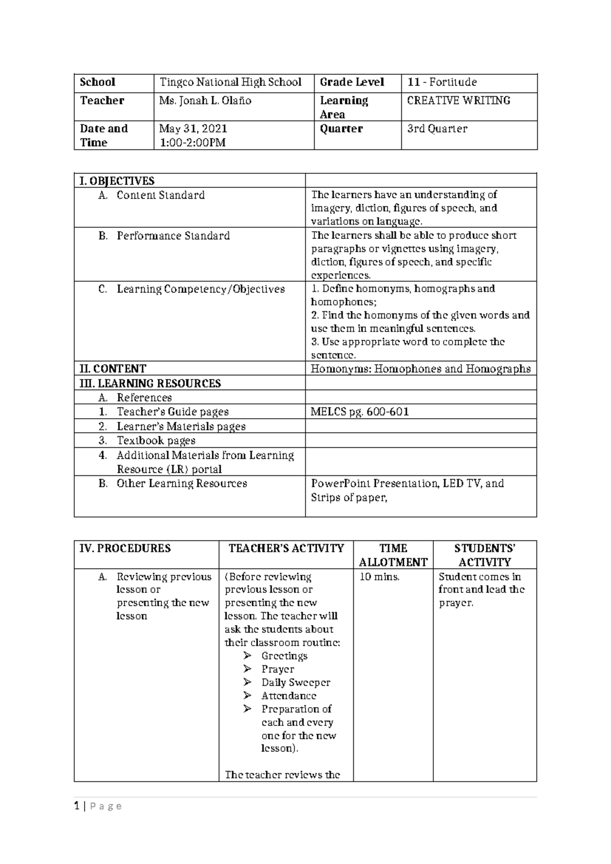 2 Lesson Plan on Homonyms, Homophones, and Homographs-2 - School Tingco ...