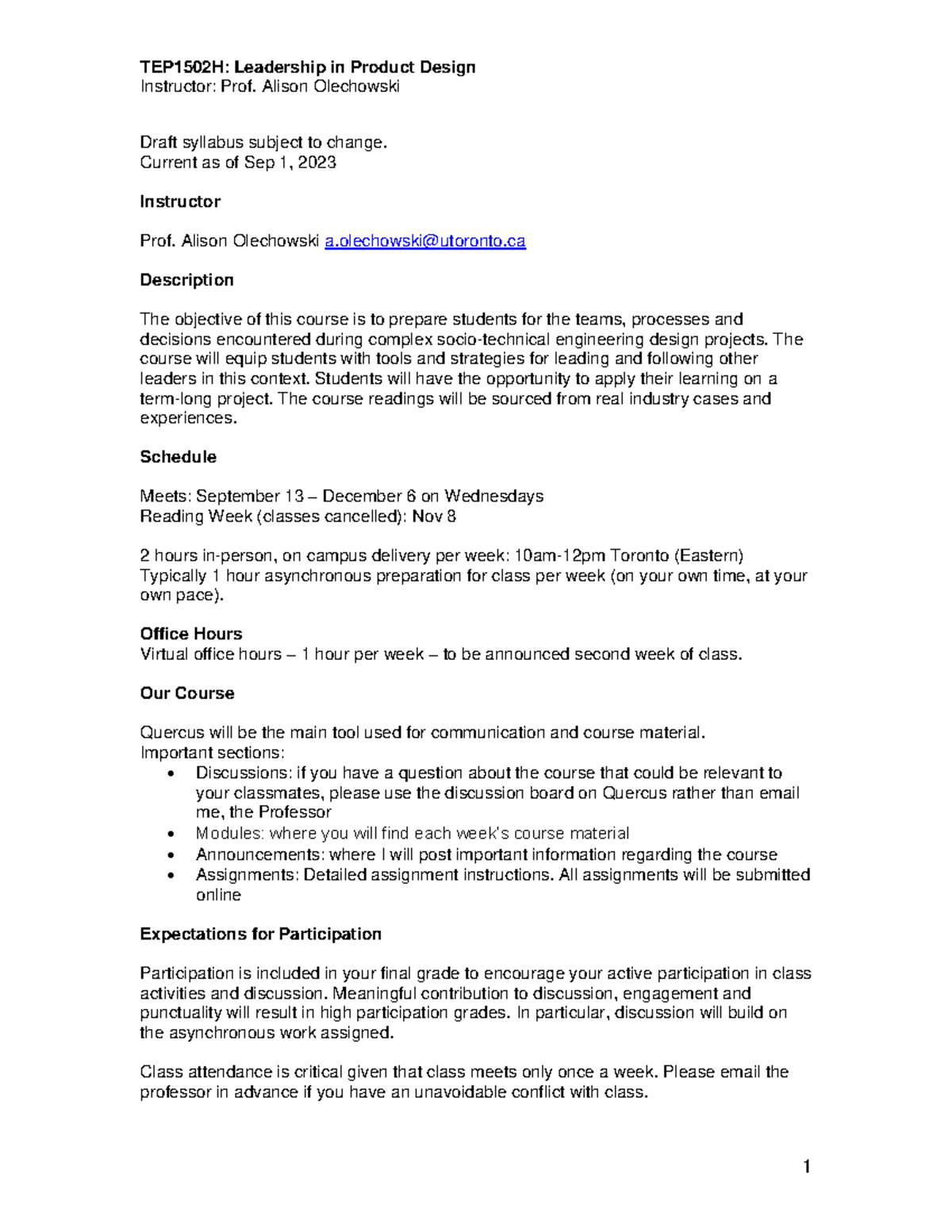 Fall 2023 - TEP1502 - Partial Syllabus - Instructor: Prof. Alison ...