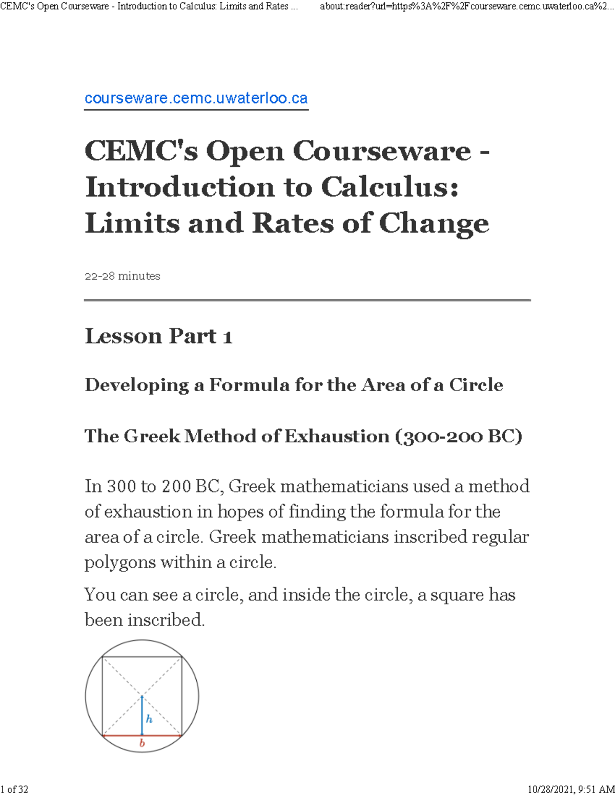 CEMC's Open Courseware - Introduction to Calculus Limits and Rates of ...