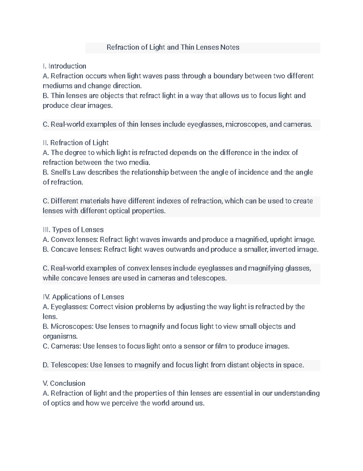 Refraction of Light and Thin Lenses Notes - Introduction A. Refraction ...