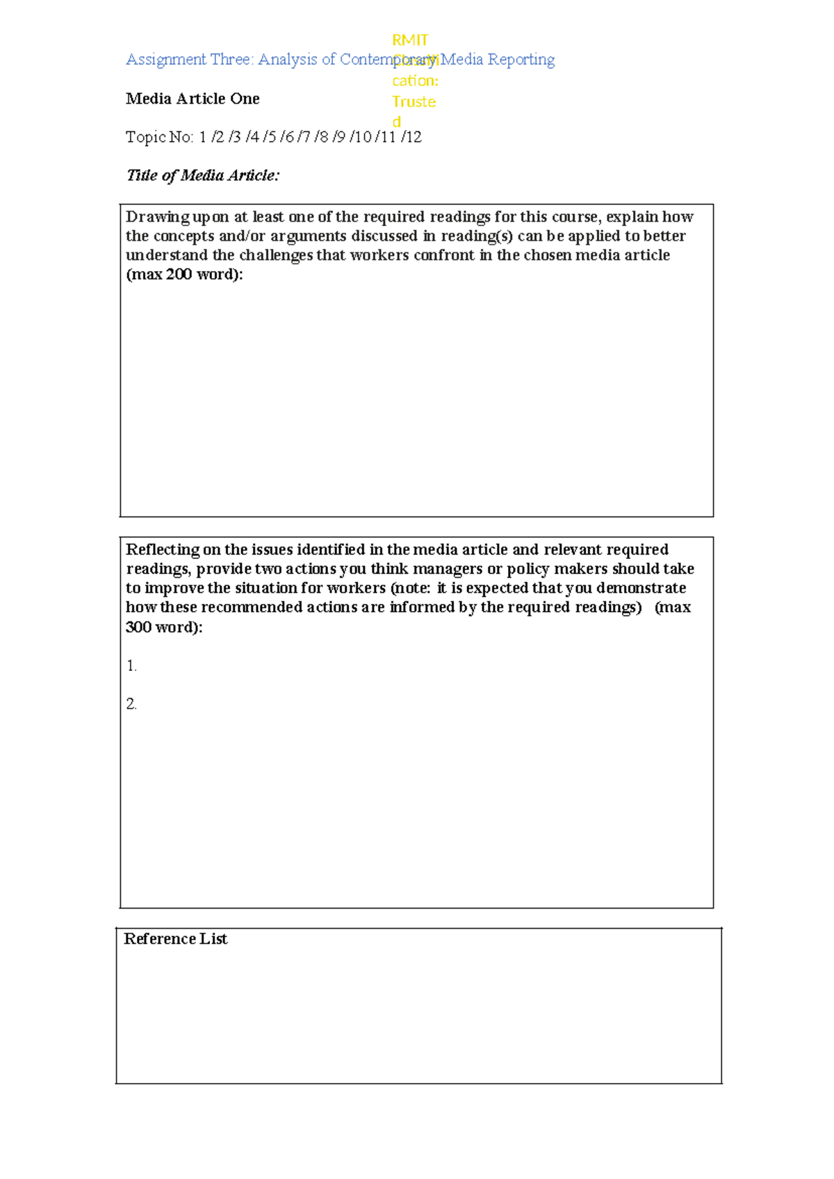 Assignment 3 Template Classifi Cation Truste D Assignment Three Analysis Of Contemporary