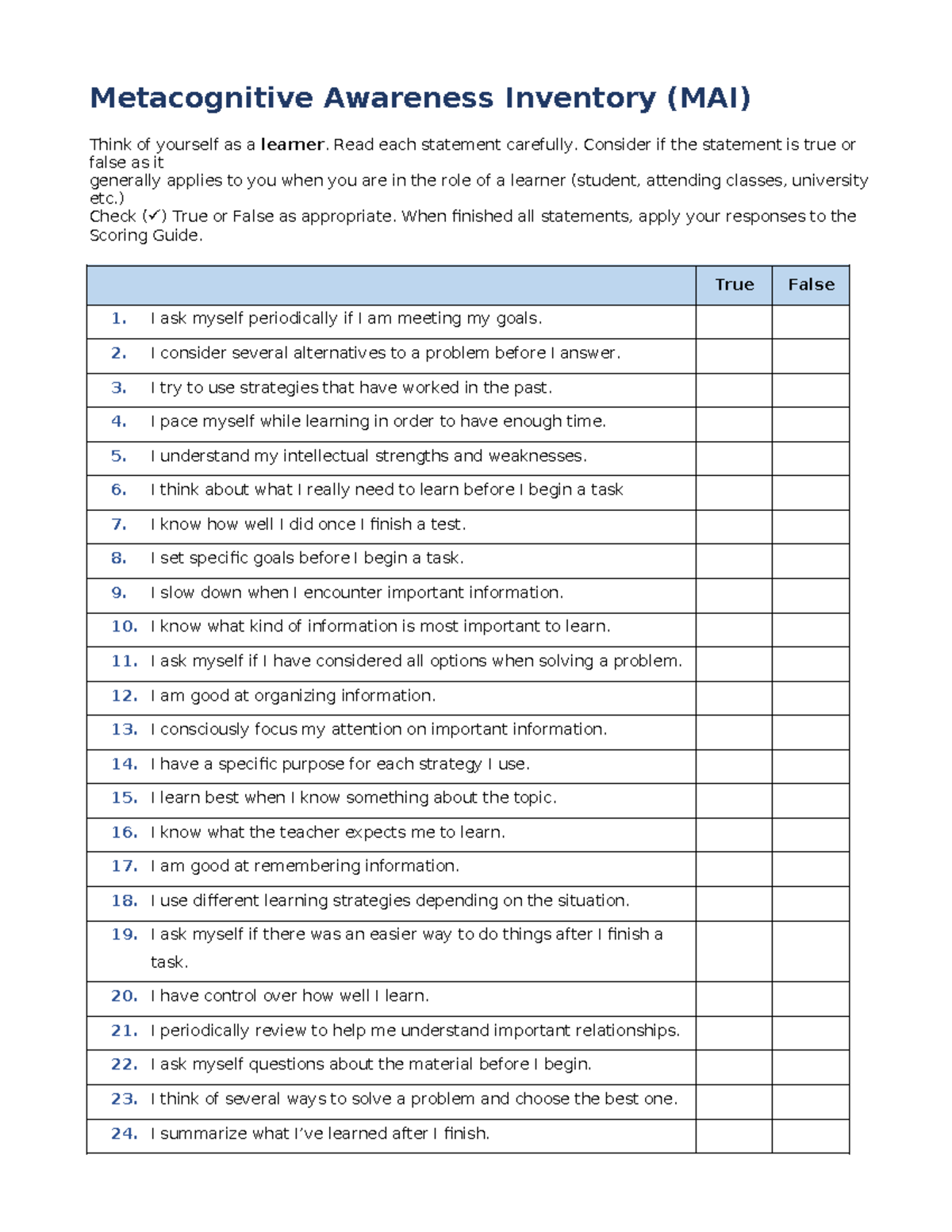 Metacognitive Awareness Inventory Read Each Statement Carefully Consider If The Statement Is
