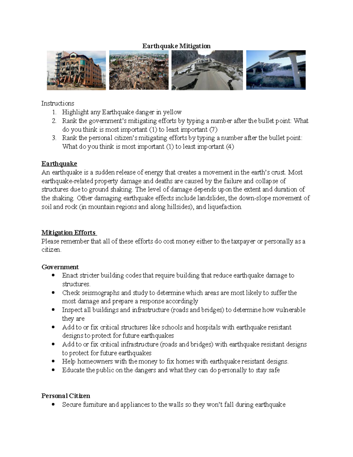 Earthquake Mitigation - Earthquake Mitigation Instructions 1. Highlight ...