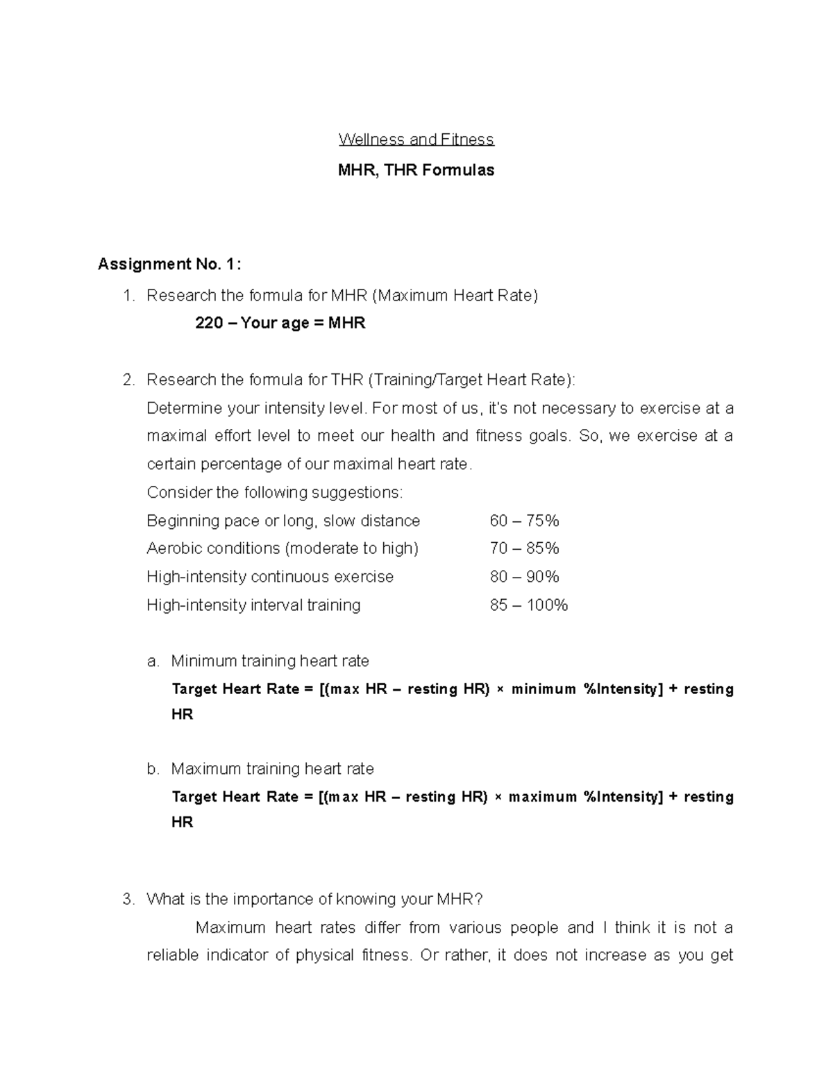 MHR, THR Formulas - This was for our subject in Wellness and Fitness ...