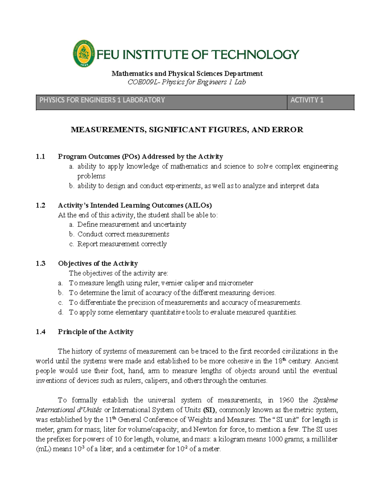 COE0009L A1 Measurements Significant Figures and Errors - Mathematics ...